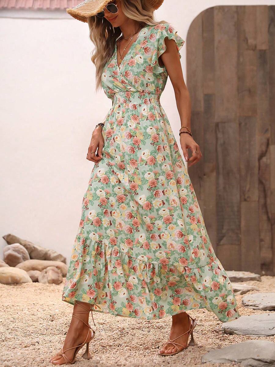 Breezaya Allover Floral Print Butterfly Sleeve Ruffle Hem Dress Maxi Vacation Beach Outfits ...