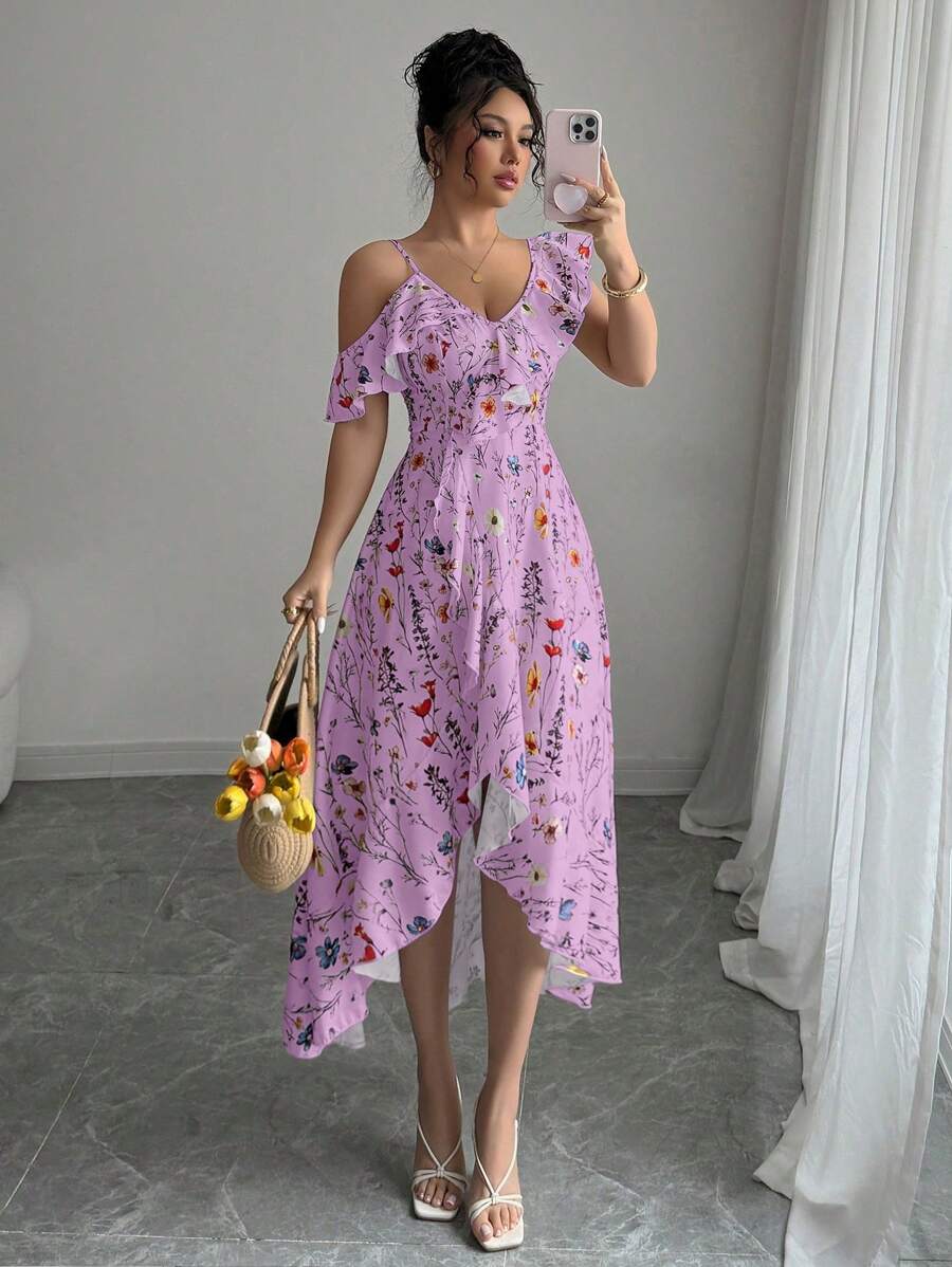 Elenzga Asymmetric Ruffle Hem Printed Dress, Casual Practical Multi ...