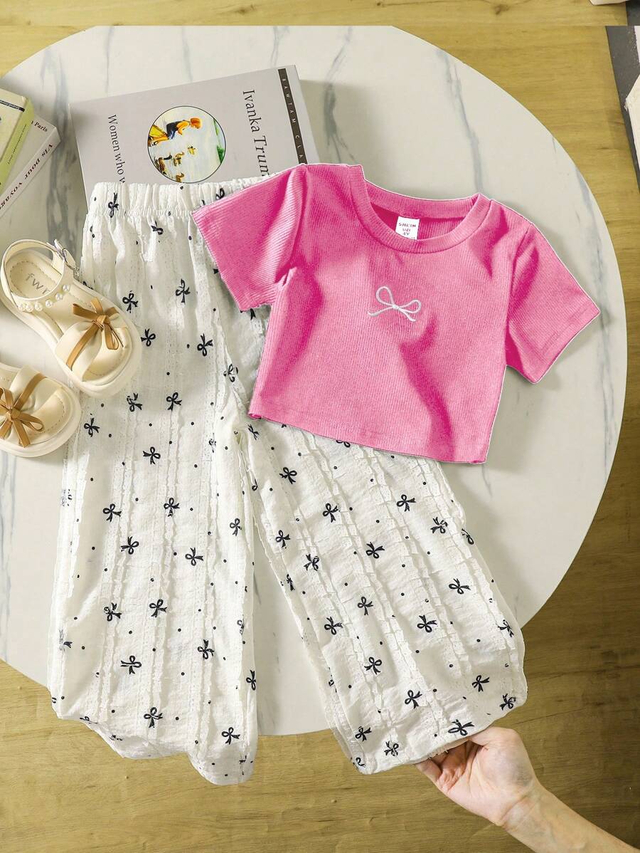 SHEIN Kleine Mädchen Sommer Lässig Set aus Bluse mit Schleife Stickerei ...
