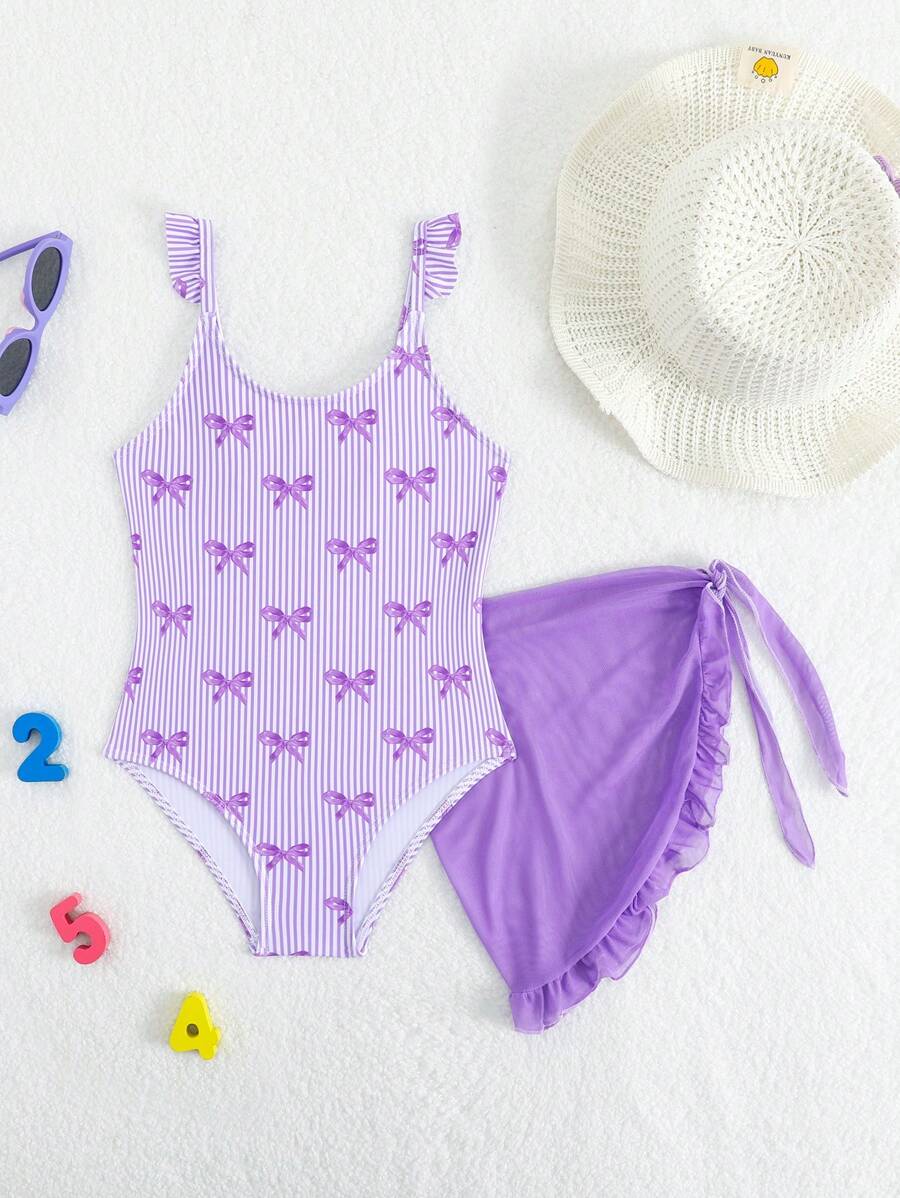 1pc Young Girl Bow Print One-Piece Swimsuit With Skirt, Purple Swimsuit ...