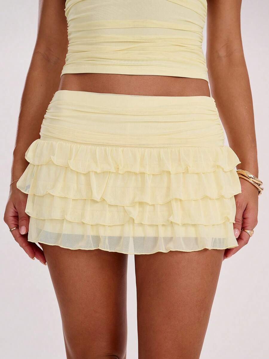 SHEIN BAE Women's Summer Casual Plain Color Ruffle Hem A-Line Yellow ...