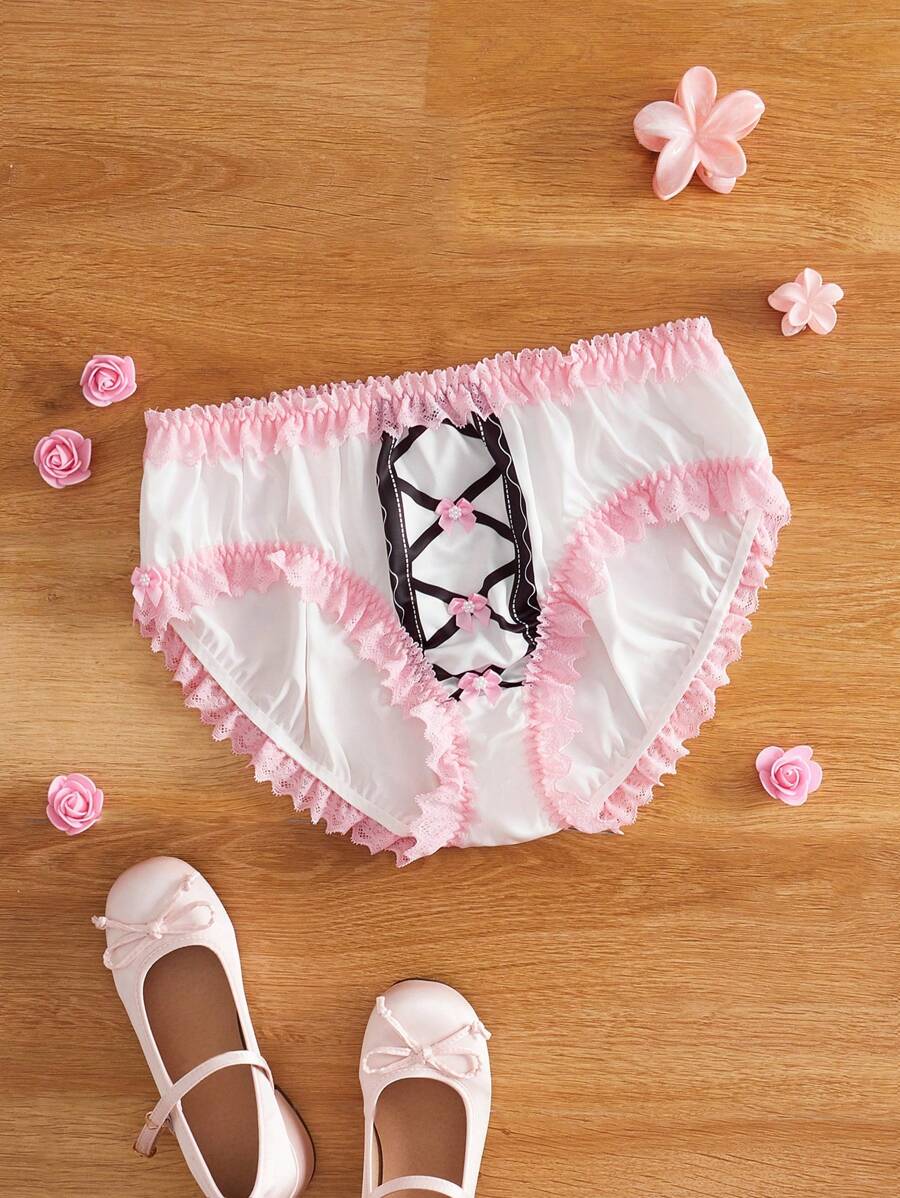 Plus Size Sweet Romantic Cute Bow Decorated Contrast Lace Contrast ...
