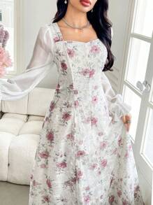 Modelyn Damen langes Kleid mit quadratischem Kragen, Stickerei ...