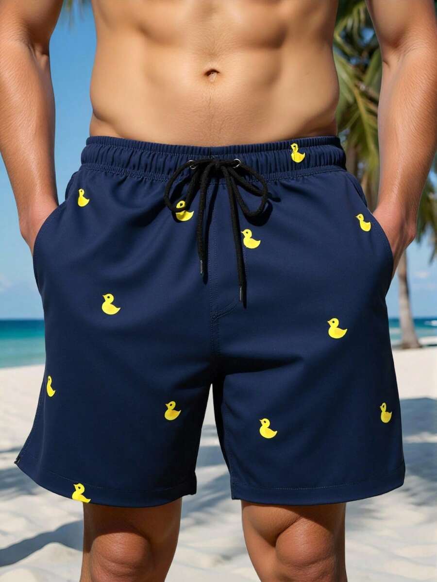 Manfinity Swimmode Men's Cartoon Duck Print Drawstring Waist Pockets ...