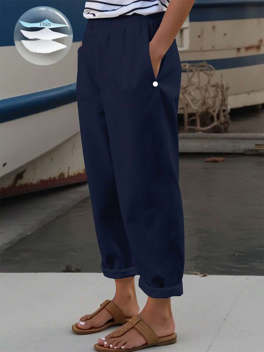 SHEIN PETITE Gerade geschnittene weiße Hose mit Taschen für Damen in ...