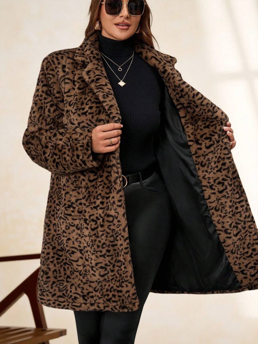 SHEIN Clasi Plus Size Leopard Print Plush Casual Long Sleeve Jacket ...