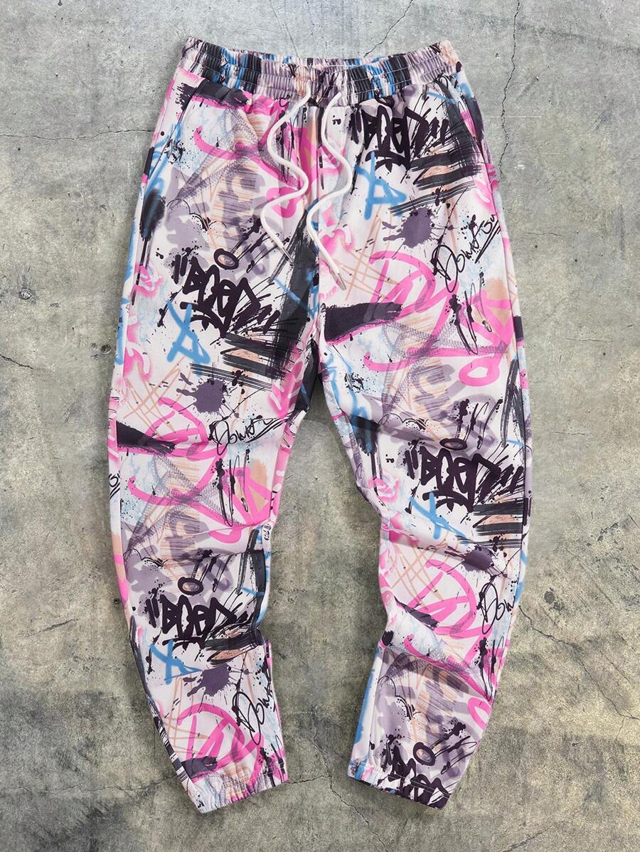 AXEPEAK Men Graffiti Print Drawstring Waist Sweatpants Long Jogging ...