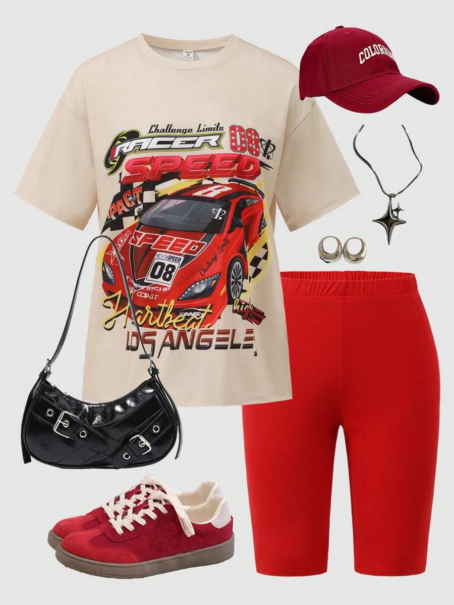 SHEIN Explorewe 2pcs/Set Casual Set For Teenage Girls, Featuring Racing ...