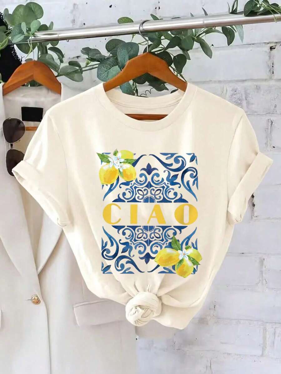 SHEIN CURVE+ Women's Apricot Ciao Lemon Print Crew Neck Comfortable ...