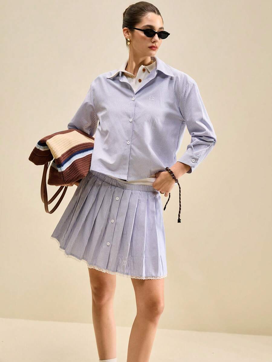 Muvela 2pcs Women Summer Striped Long Sleeve Shirt And Pleated Mini ...