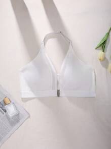 SHEIN Plus Size Solid Color Mesh Patchwork Open Back Halter Bra | SHEIN USA