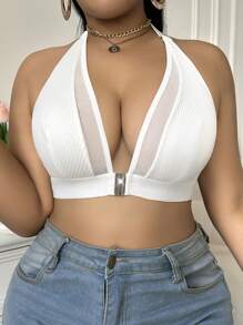 SHEIN Plus Size Solid Color Mesh Patchwork Open Back Halter Bra | SHEIN USA