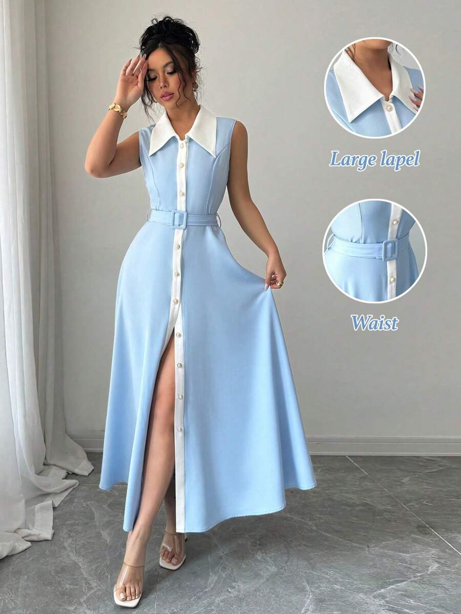 Elenzga Women's Sleeveless Long Dress With Contrast Color Splicing ...