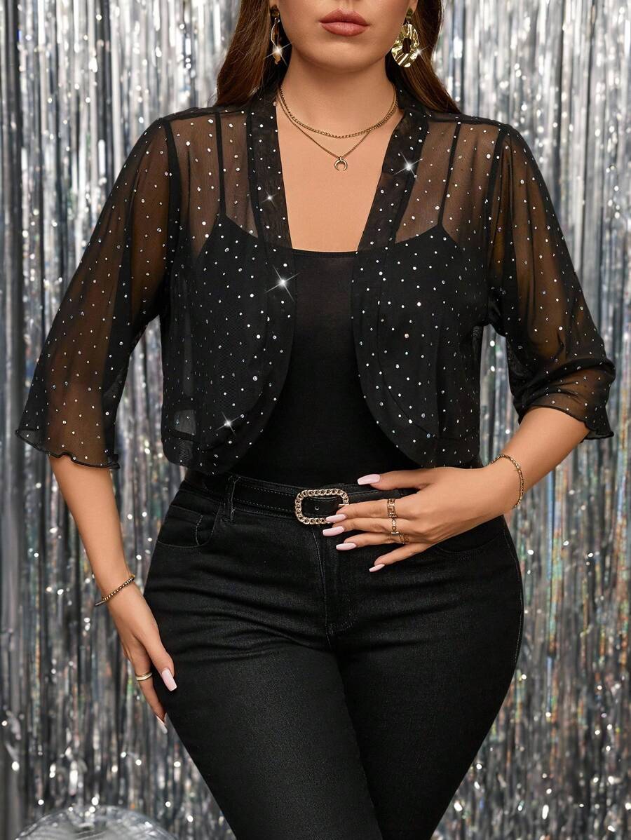 Gownix Plus Size Women Elegant Rhinestone Embellished Sheer Cropped ...