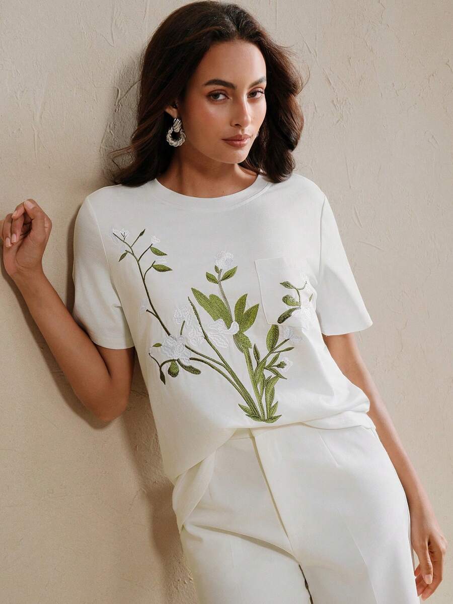 Anewsta Women's White Embroidery Floral Print T-Shirt, Elegant Short Sleeve Knit Tops, Spring ...