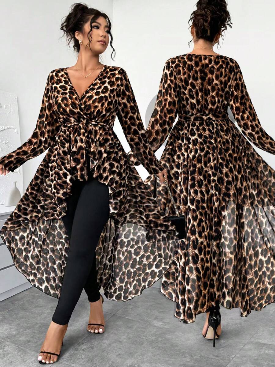 Elenzga Plus Size Women 2pcs Set Leopard Print Chiffon V-Neck Long ...