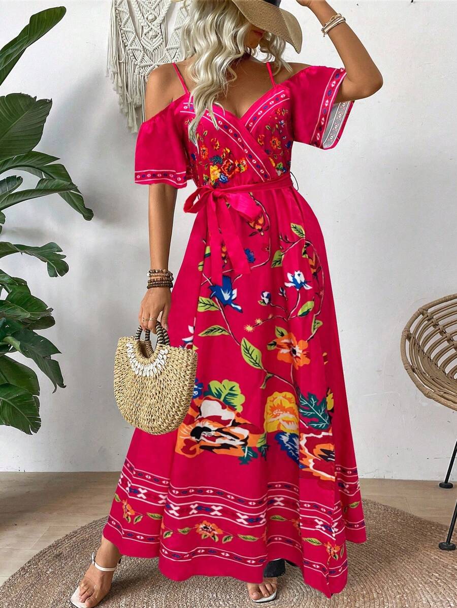 EMERY ROSE Vacation-Style Open Shoulder Printed Sundress Maxi Women ...