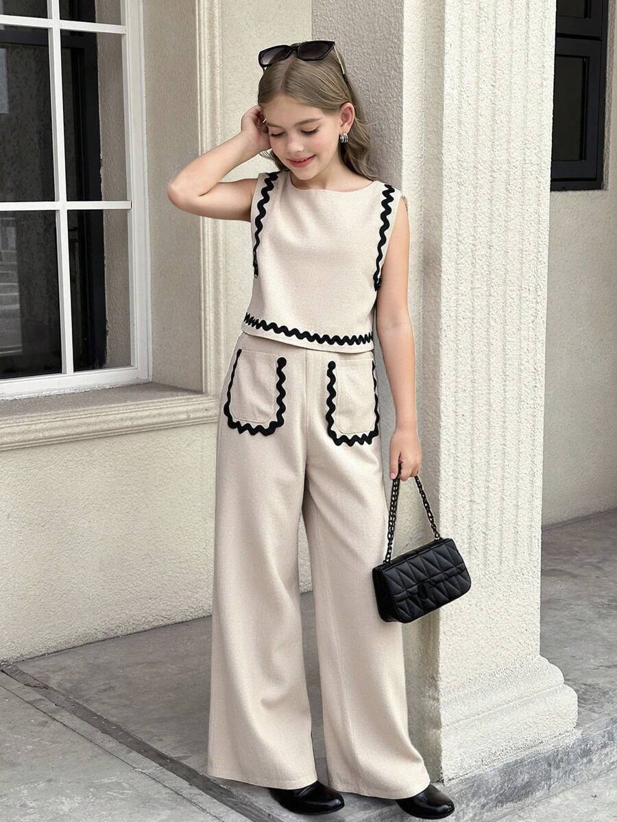 SHEIN Serisse Kids Chic Tween Girls Khaki Co-Ords Set With Statement ...