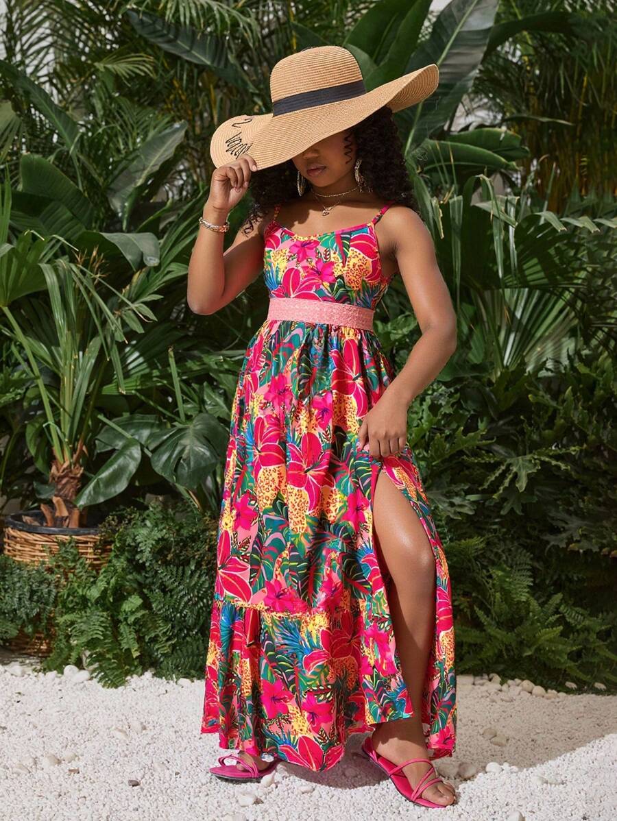 SHEIN Tween Girls' Vacation Casual Tropical Print Woven Slip Dress ...