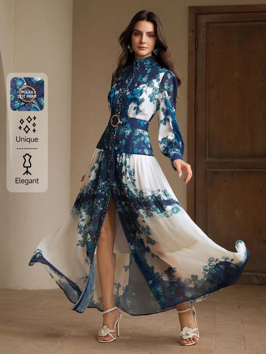 Bohemian Style Elegant Vintage Peafowl Floral Print Long Sleeve Polo ...