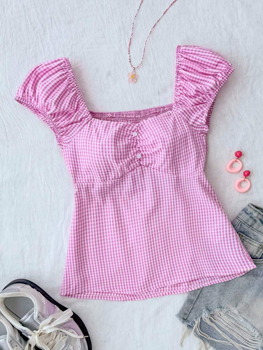 TEENGIRL Pink Retro Plaid Ruffle Trim A-Line Top, Collegiate Casual ...