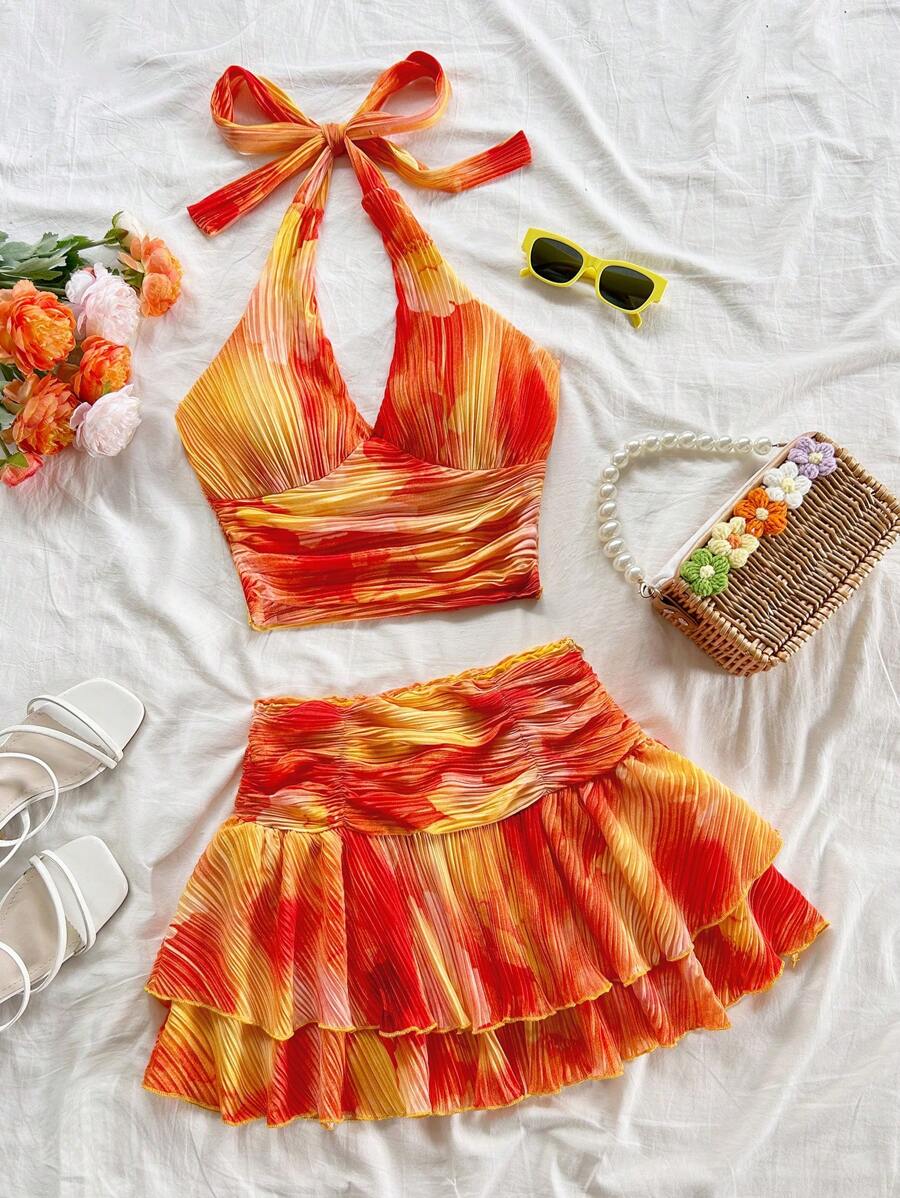 Soleia Women's Sunset Ombre Gradient Print Pleated Fabric Halter Neck ...