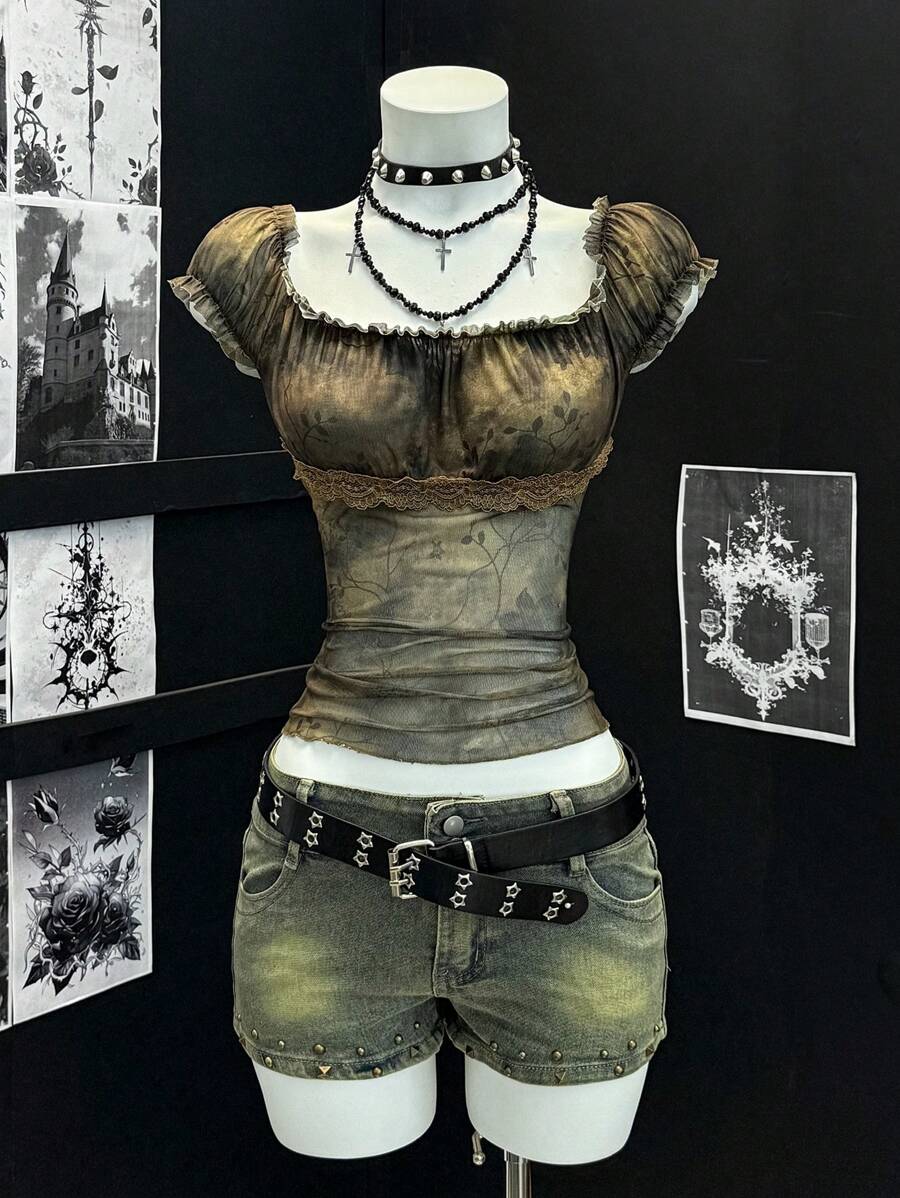 Sunspun Camiseta Feminina Retrô Sexy com Mangas Bufantes, Decote ...