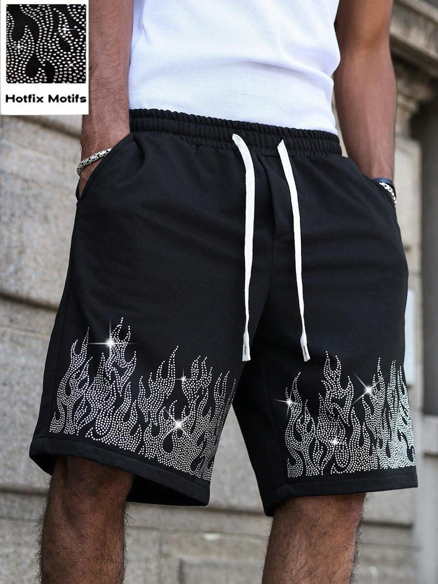 Manfinity EMRG Men's Loose Rhinestone & Fire Flame Print Shorts ...