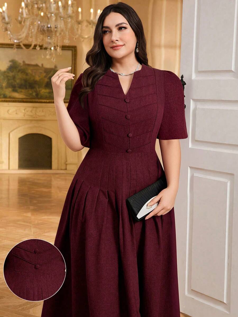 Modelyn Plus Size Elegant Solid Color Notched Neck Pleated Dress | SHEIN USA