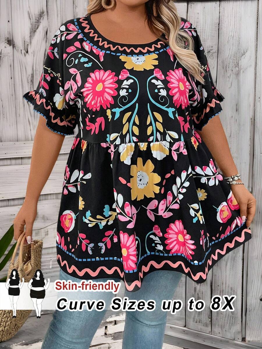 SHEIN CURVE+ Blusa de talla grande con estampado de flores para ...