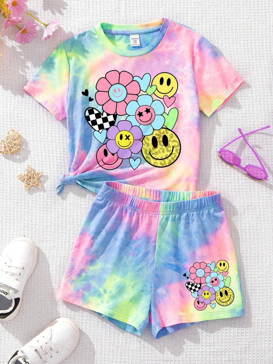 SHEIN Leap Crew Tween Girls Tie-Dye Casual Graphic T-Shirt And Shorts ...
