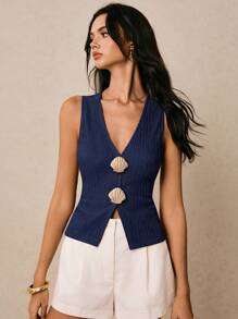 Poéselle Women's Solid Color Simple Sleeveless Top With Shell Decor ...