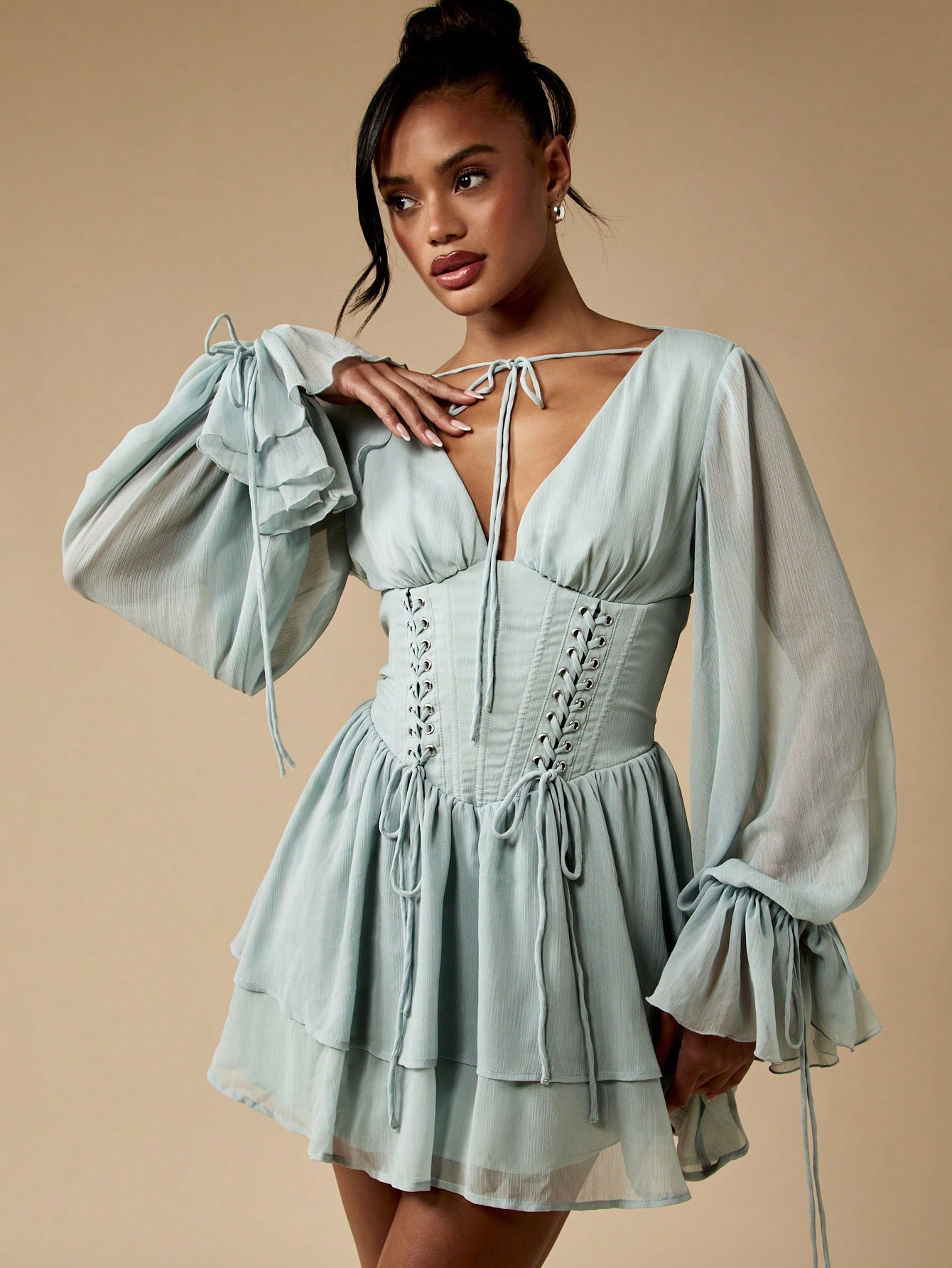 MISSGUIDED Milkmaid Puff Sleeve Corset Back Women Mini Dress｜MISSGUIDED
