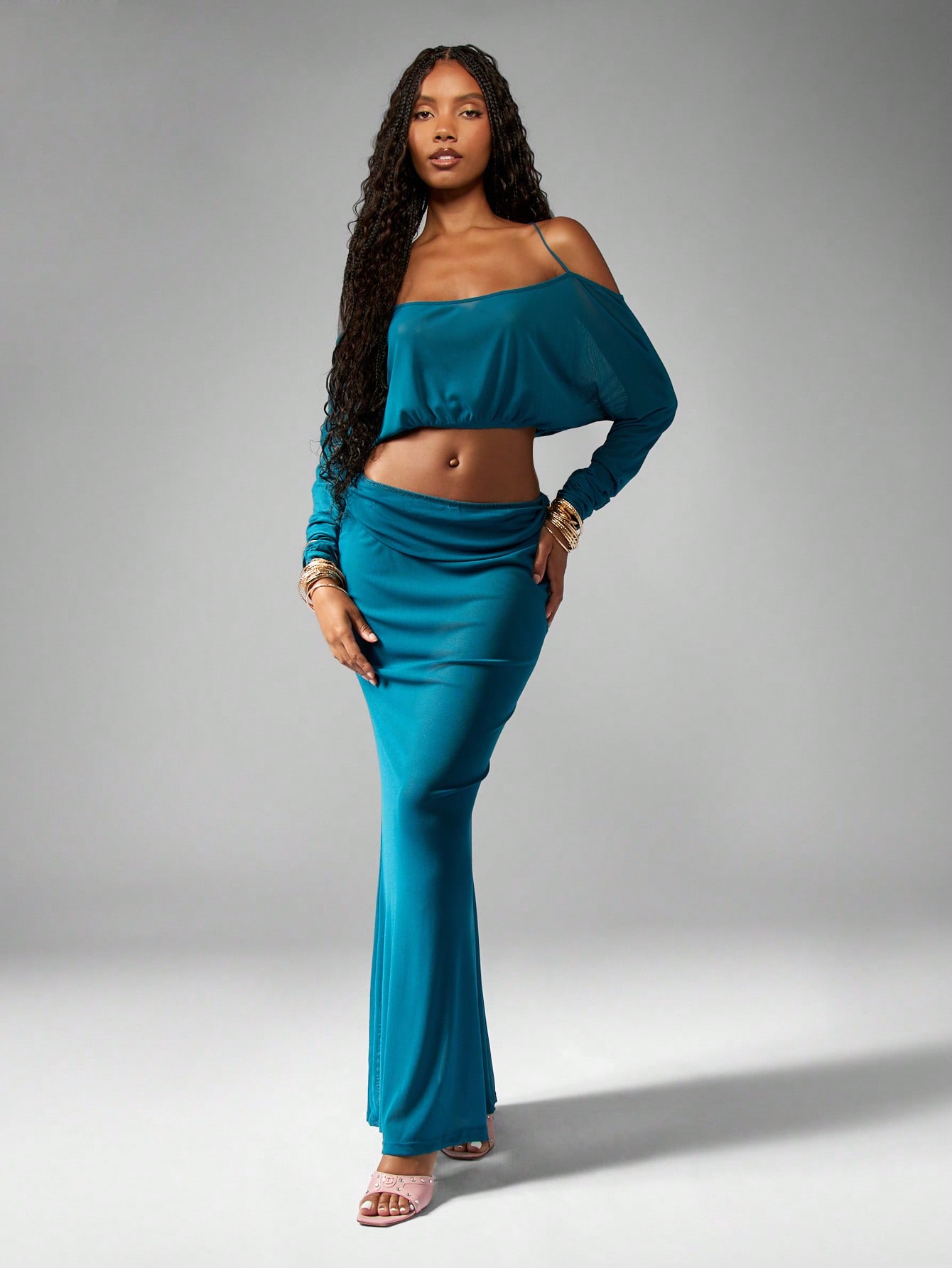 MISSGUIDED Draped Two Piece Off Shoulder Maxi Set With Long Sleeves ...