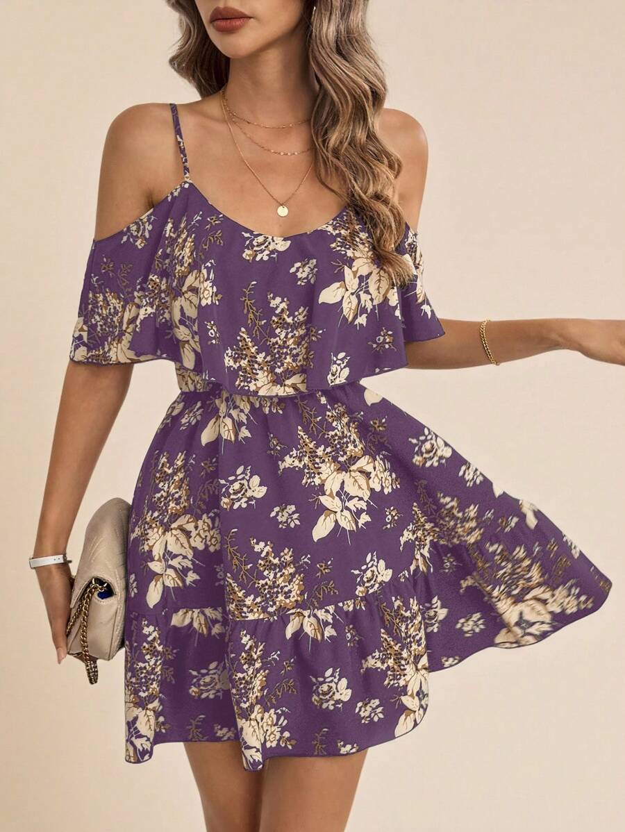 SHEIN Clasi Women's Floral Print Off Shoulder Ruffle Trim Strap ...