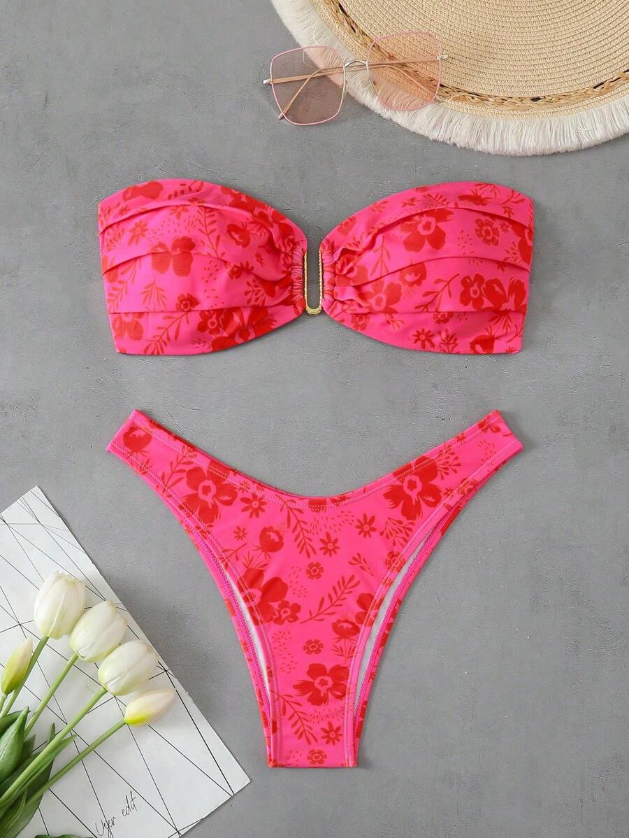 Swim Mod Women Floral Print Halter Split Bikini Swimwear Set For Summer ...