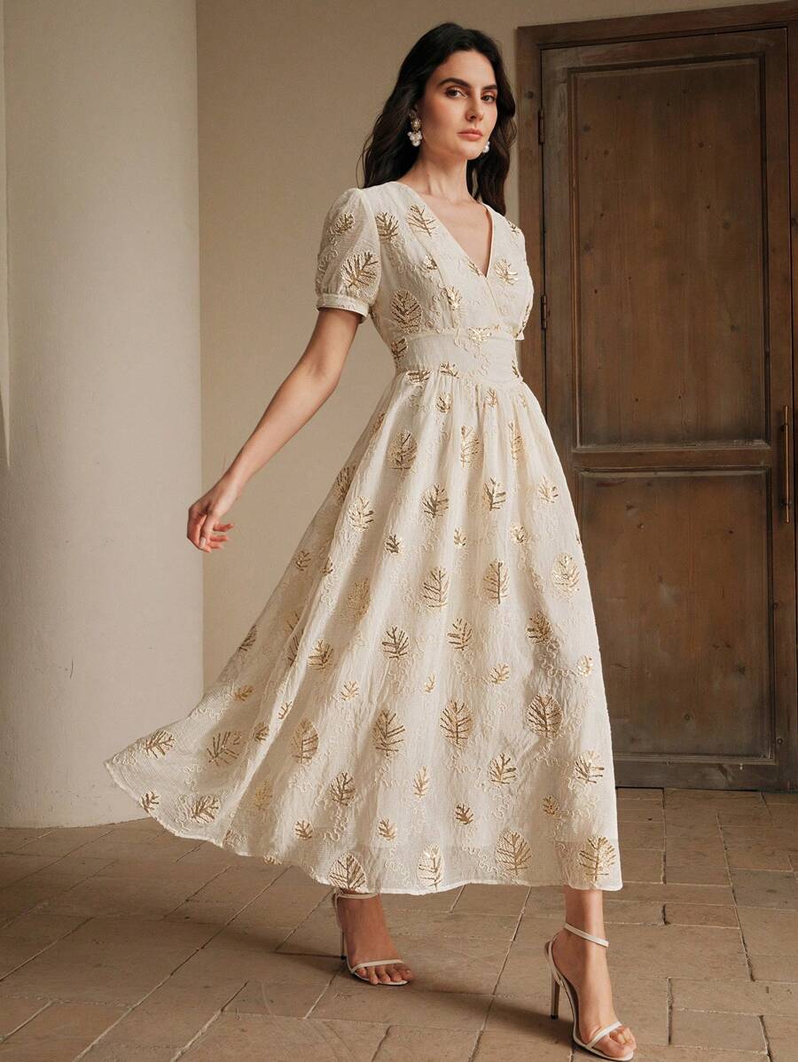 Anewsta Elegant Champagne Floral Embroidered Mesh Overlay Sequin Decor Short Sleeve Party ...