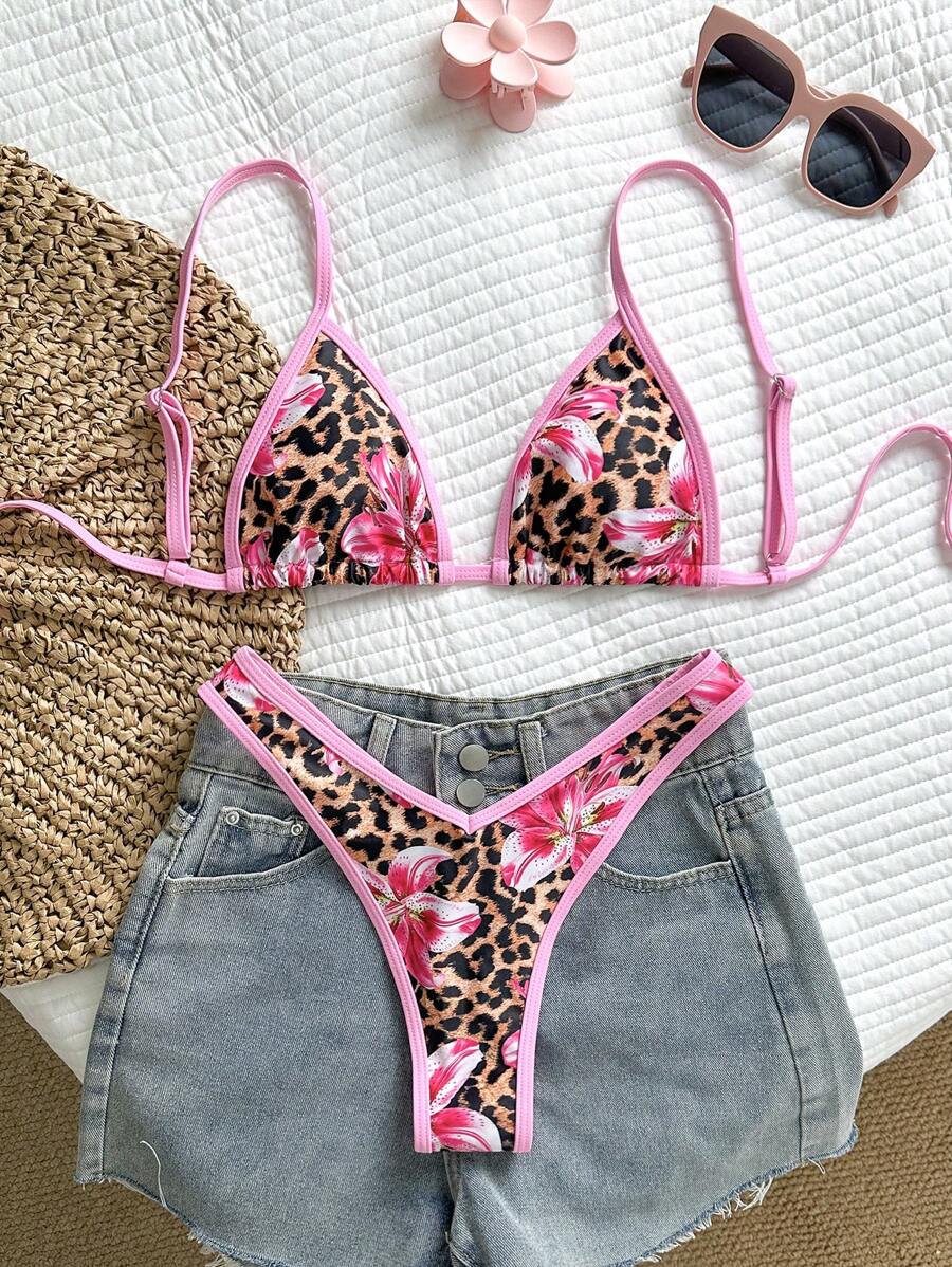 Swim Mod Spring Break Women Leopard & Flower Print Spaghetti Strap Crop ...