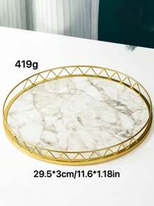 Small Round Marble Pattern Golden Metal Tray, Home Decor Storage ...