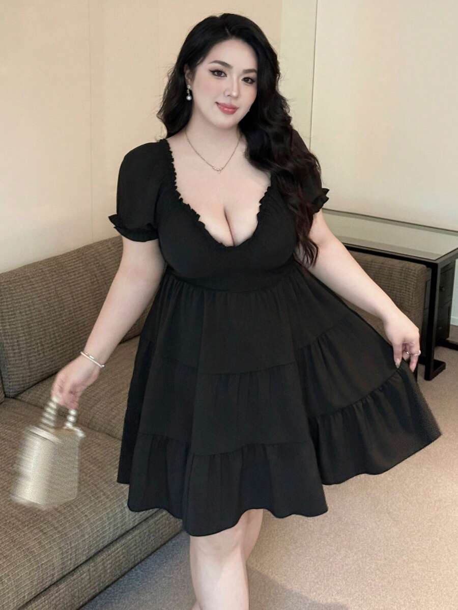 Flirla Vestido De Talla Grande Con Mangas Cortas Abullonadas Y Cuello ...