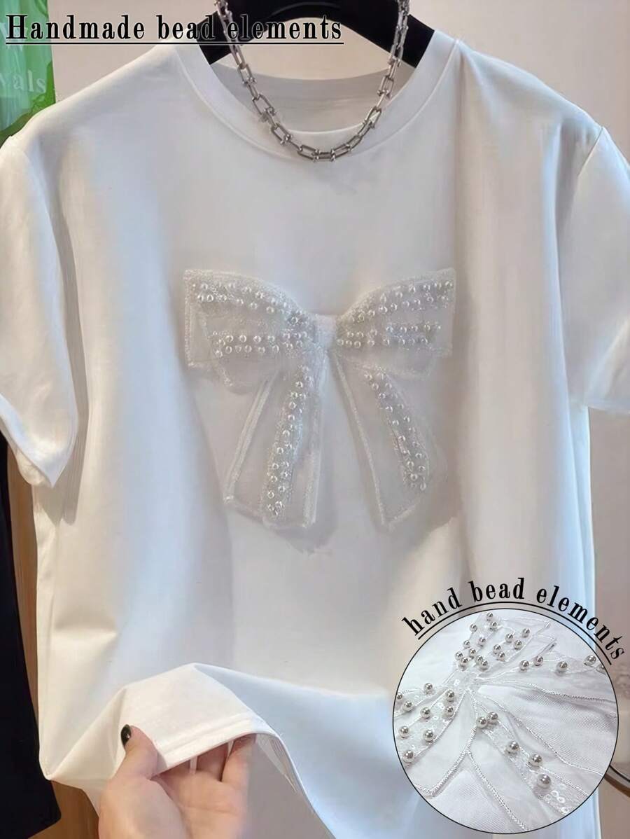 INAWLY Women's Fitted Casual T-Shirt With Pearl Bow Design, Summer ...