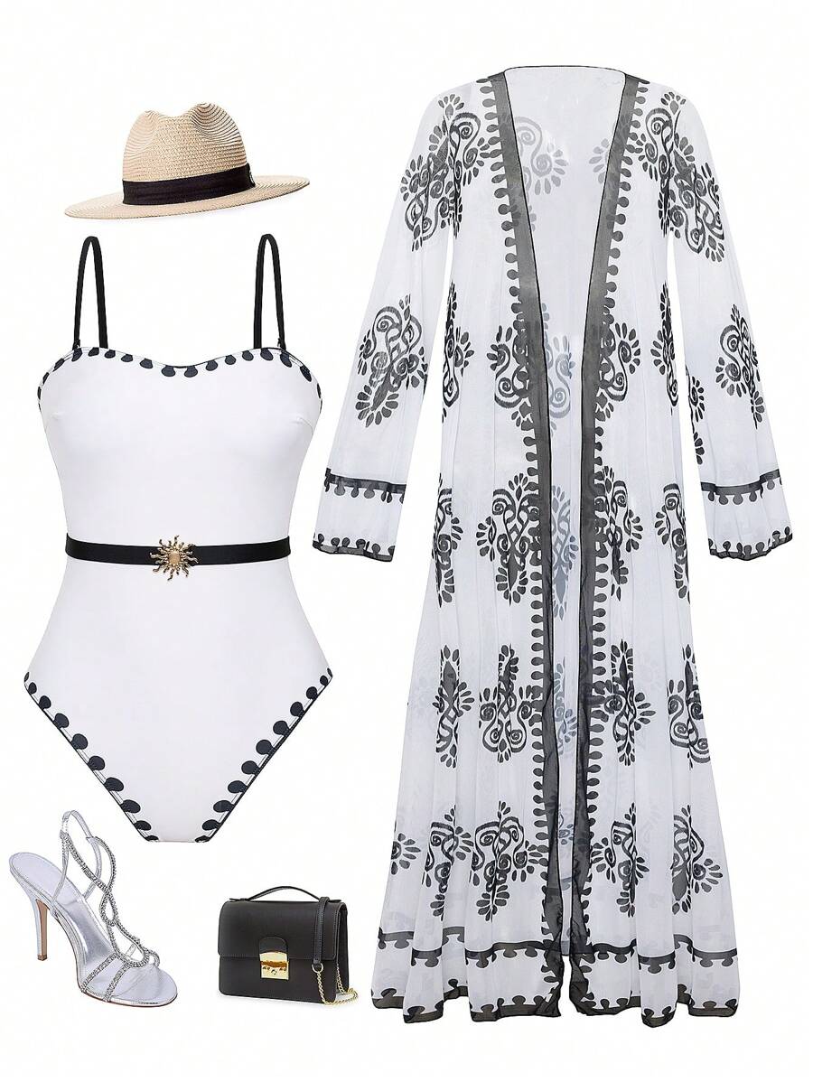 Swim Oasis 2Pcs Women Bohemian Elegant Black & White Pattern Beach ...