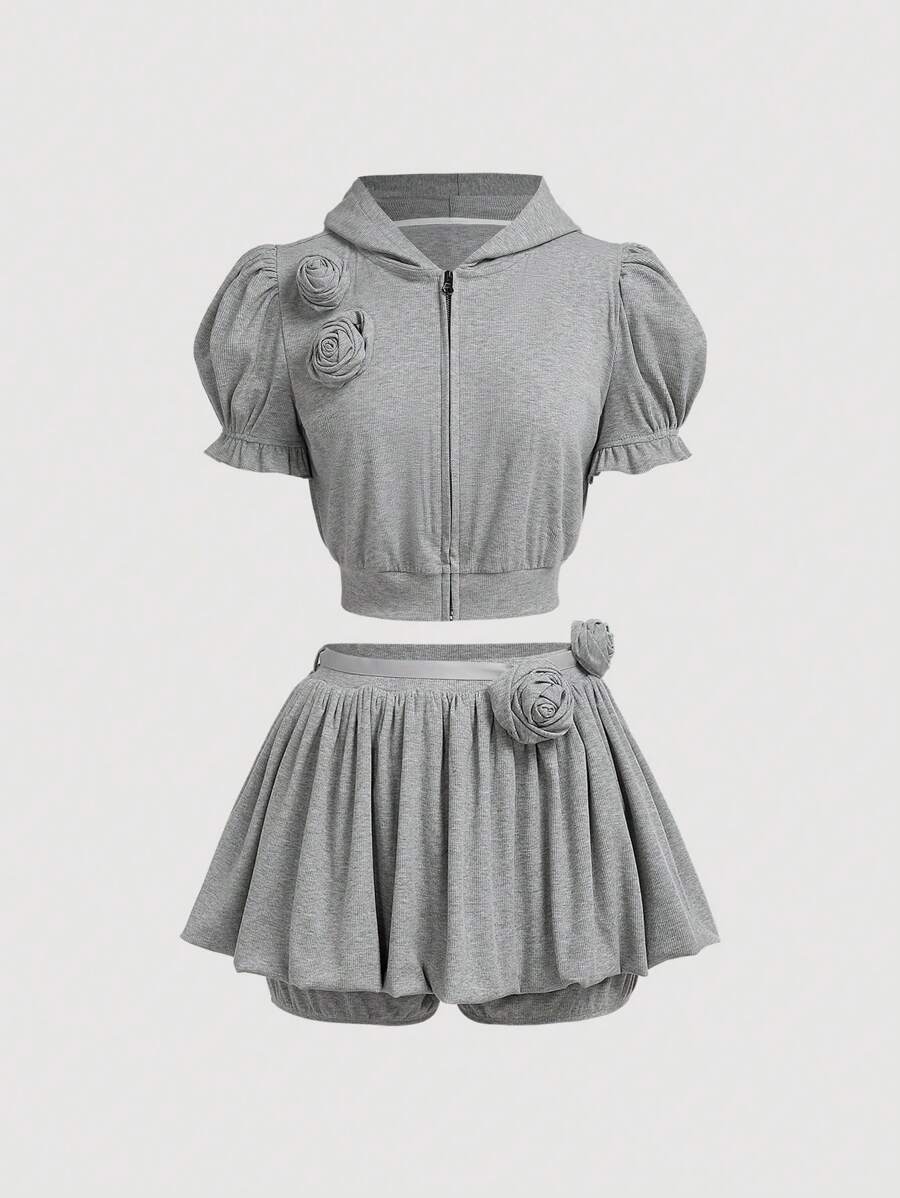 SHEIN MOD Blue Collegiate Style Casual Set, Front 3D Flower Decor ...