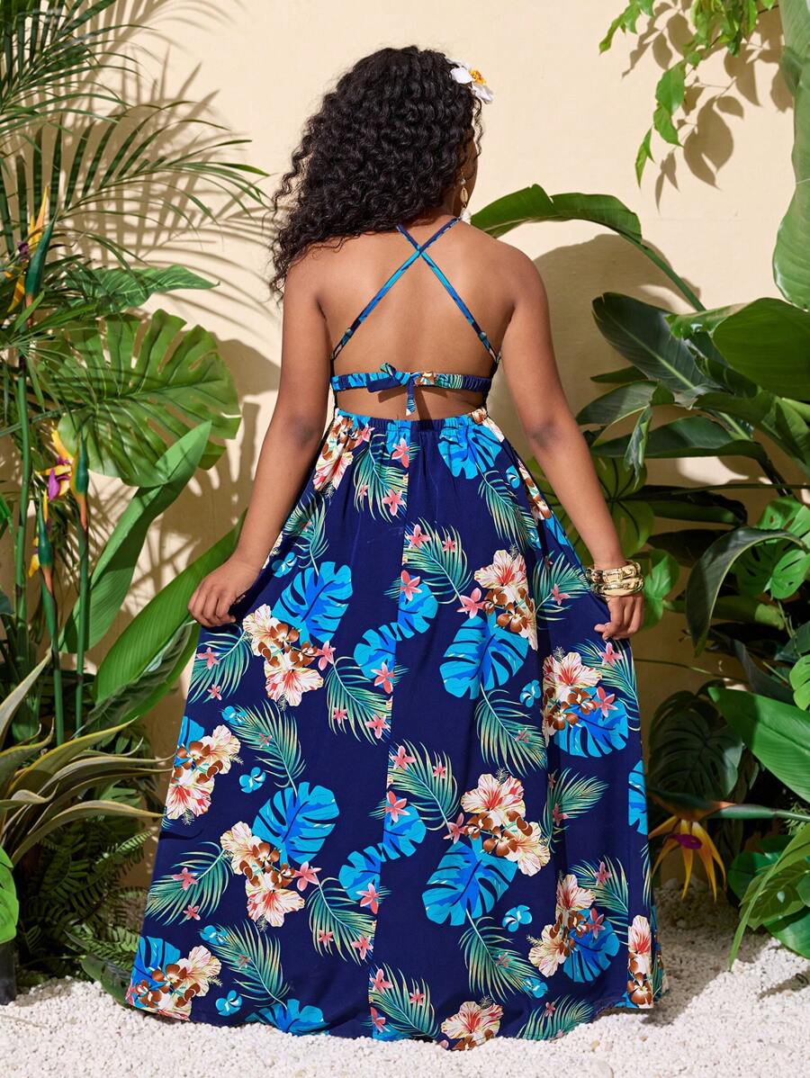 Tween Girls' Casual Vacation Floral Halter Backless Dress | SHEIN USA