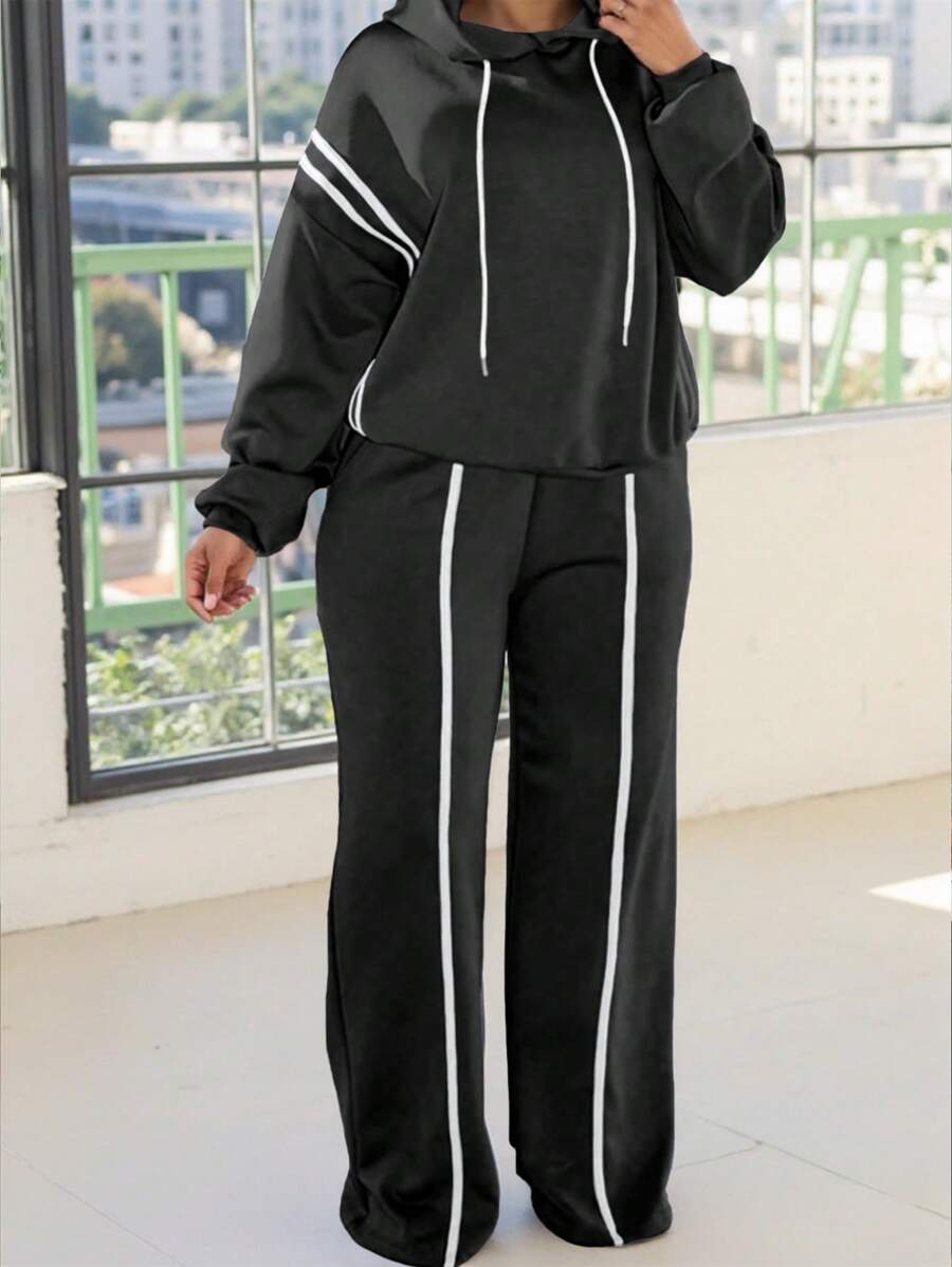 Plus Size Women Striped Drop Shoulder Drawstring Hooded Sweatshirt And ...