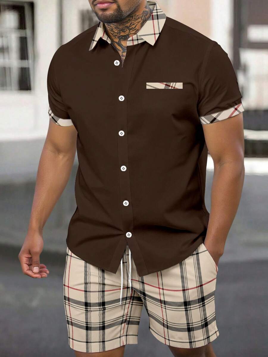 Manfinity Homme Men's Plaid Print Short Sleeve Shirt And Pocketed ...
