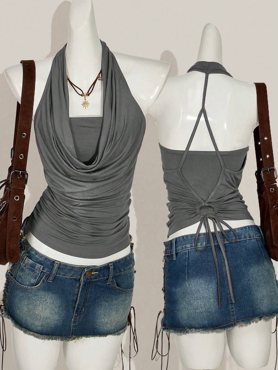 SHEIN ICON 2pcs Western Women Going Out Summer Boho Halter Neck Brown ...