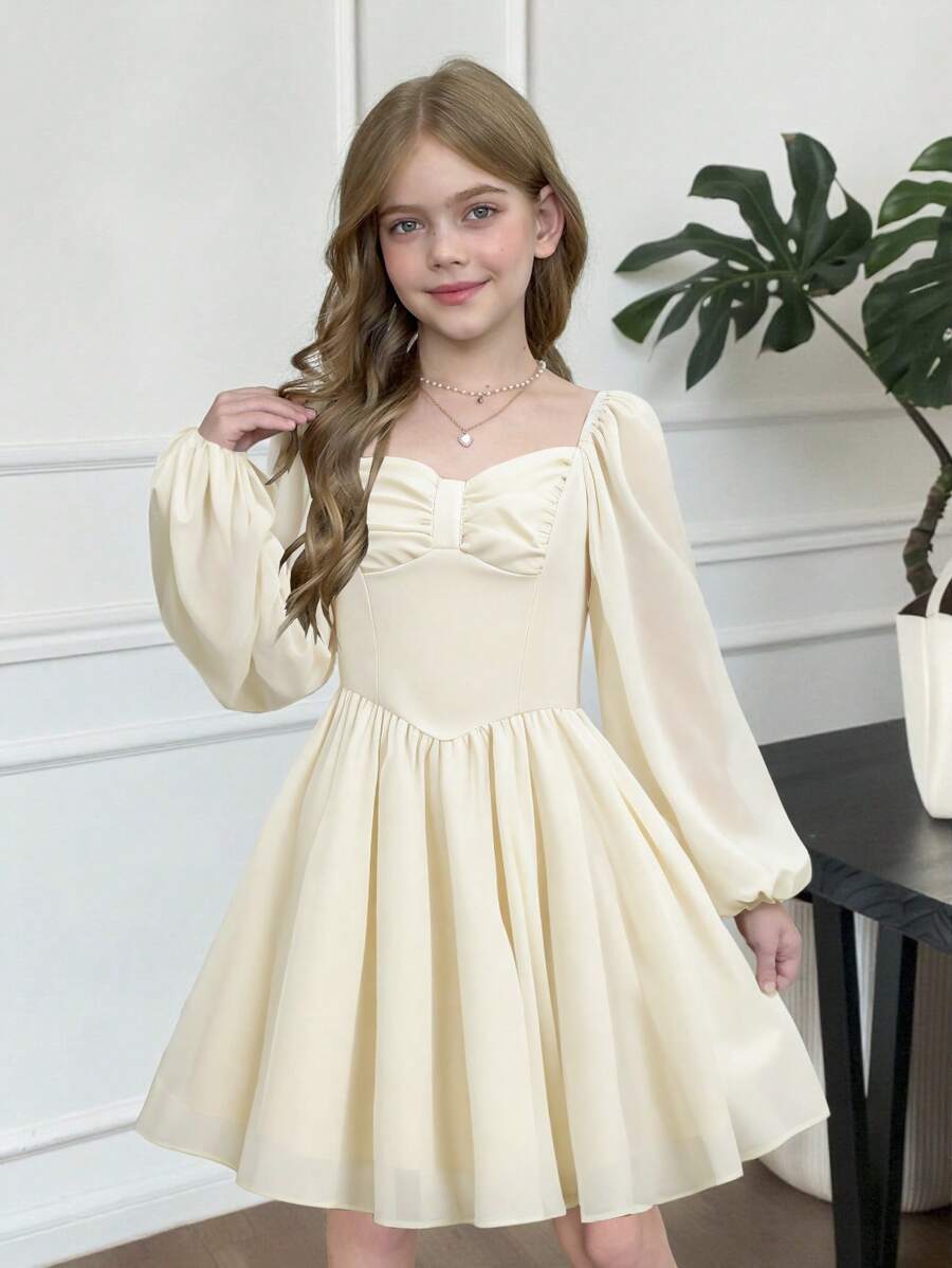 SHEIN Tween Girls Elegant Solid Light Beige Sweetheart Neck Lantern ...