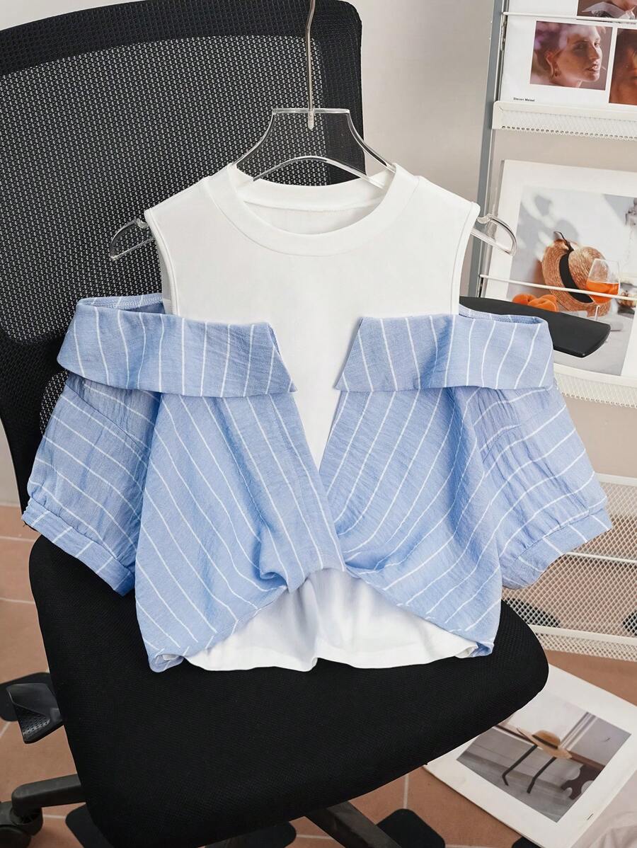 Franclia Women's Tops Women's T-Shirts Fake Two Striped Strapless ...