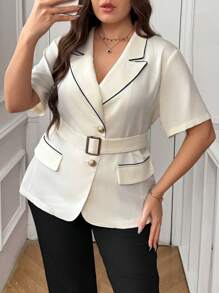 SHEIN Frenchy Plus Size Women Elegant Fashion Contrast Trim Peak Lapel ...